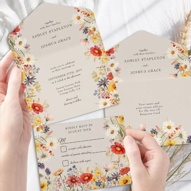 Rustic Wildflower Elegant Floral Wedding and RSVP All In One Invitation ...