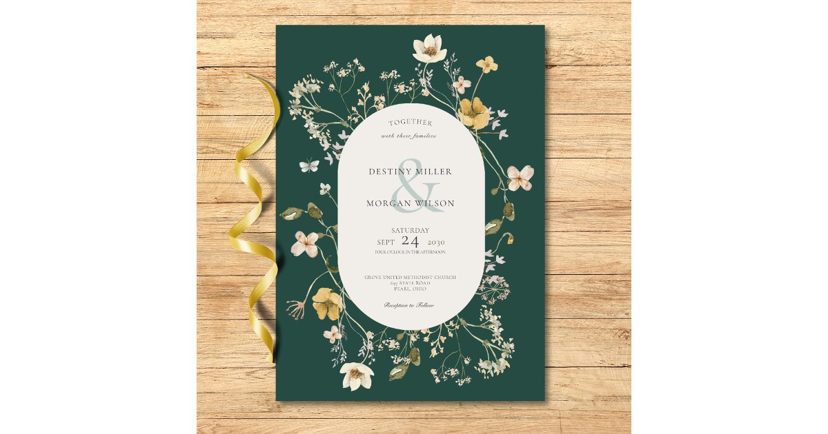Rustic Wildflower Frame Emerald Green Invitation | Zazzle