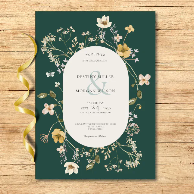 Rustic Wildflower Frame Emerald Green Invitation | Zazzle