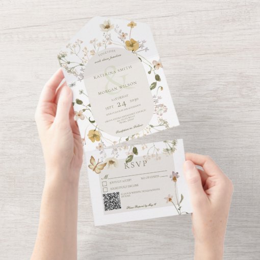 Rustic Wildflower Frame White QR Code All In One Invitation | Zazzle
