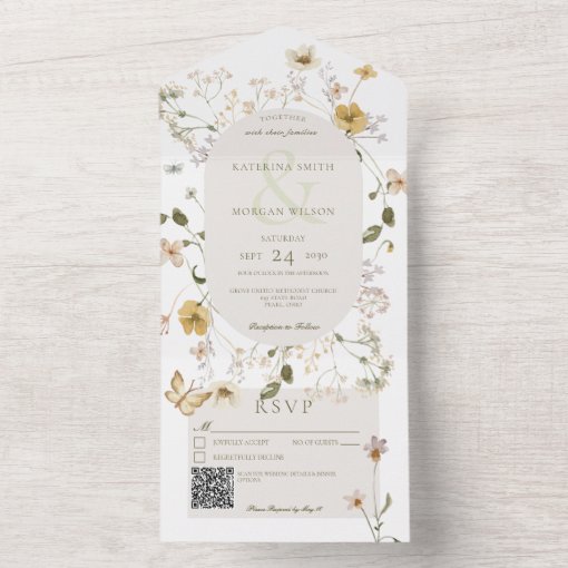 Rustic Wildflower Frame White QR Code All In One Invitation | Zazzle