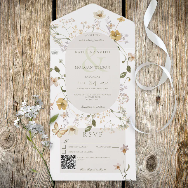Rustic Wildflower Frame White QR Code All In One Invitation | Zazzle