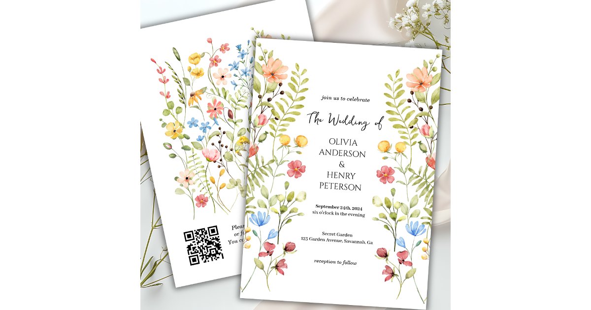 Rustic Wildflower Meadow Garden QR Code Wedding Invitation | Zazzle