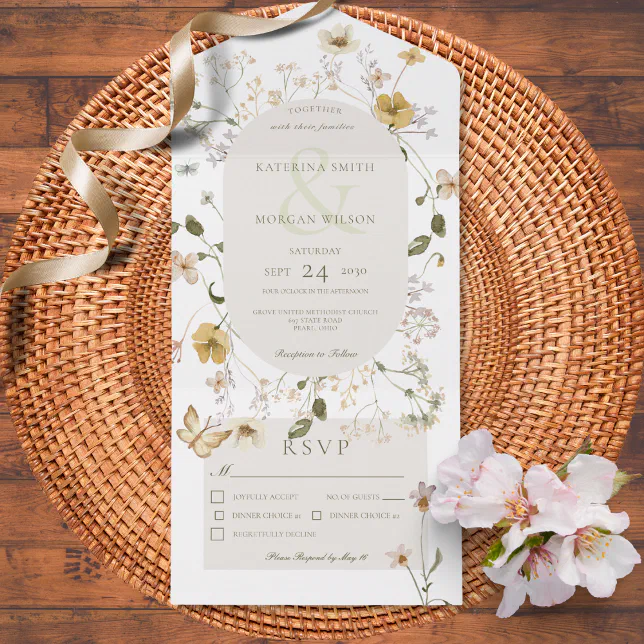 Rustic Wildflower Oval Frame White Dinner All In One Invitation | Zazzle