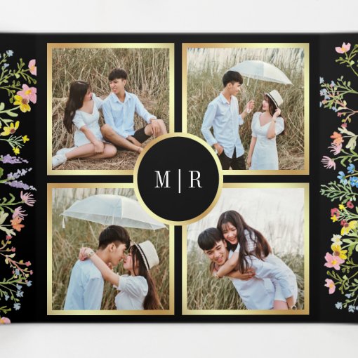 Rustic Wildflower Photo Collage Black Wedding Tri-Fold Invitation | Zazzle