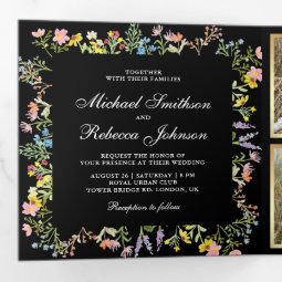 Rustic Wildflower Photo Collage Black Wedding Tri-Fold Invitation | Zazzle