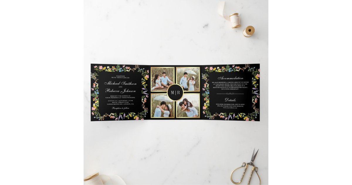 Rustic Wildflower Photo Collage Black Wedding Tri-Fold Invitation | Zazzle