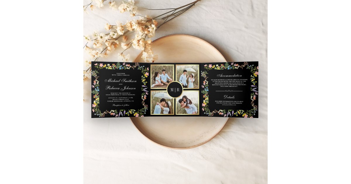 Rustic Wildflower Photo Collage Black Wedding Tri-Fold Invitation | Zazzle
