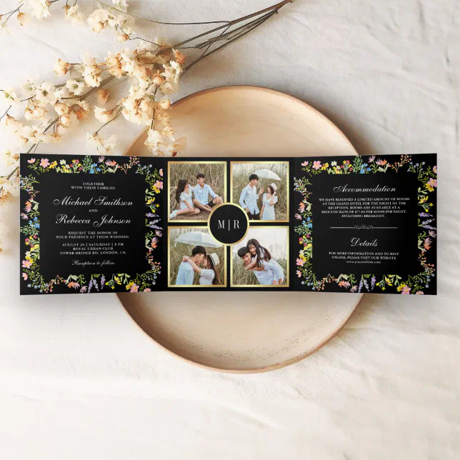 Rustic Wildflower Photo Collage Black Wedding Tri-Fold Invitation | Zazzle