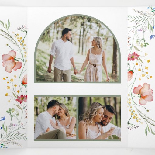 Rustic Wildflower Photo Collage QR Code Wedding Tri-Fold Invitation ...