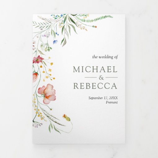 Rustic Wildflower Photo Collage QR Code Wedding Tri-Fold Invitation ...