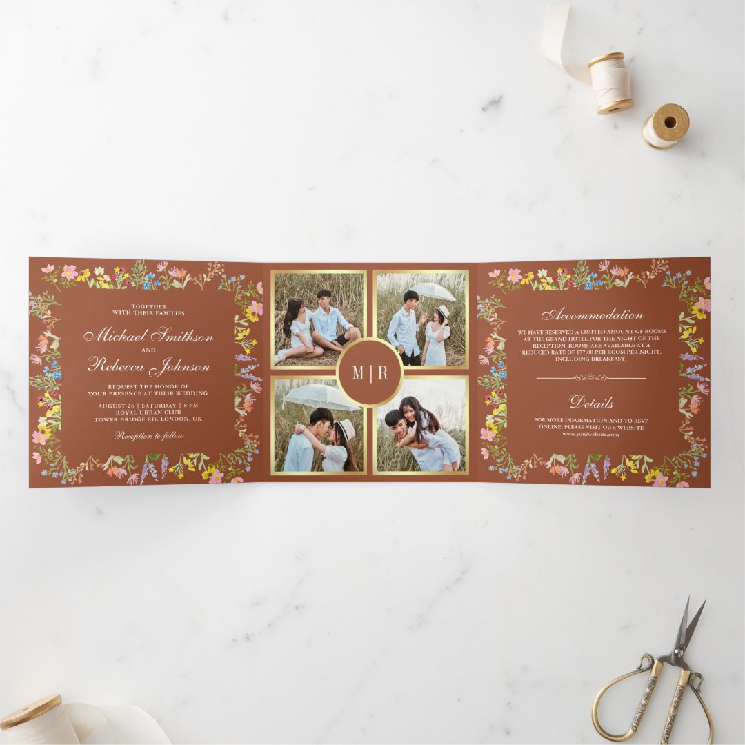 Rustic Wildflower Photo Collage Terracotta Wedding Tri-Fold Invitation ...