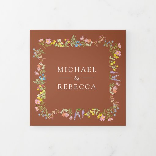 Rustic Wildflower Photo Collage Terracotta Wedding Tri-Fold Invitation ...
