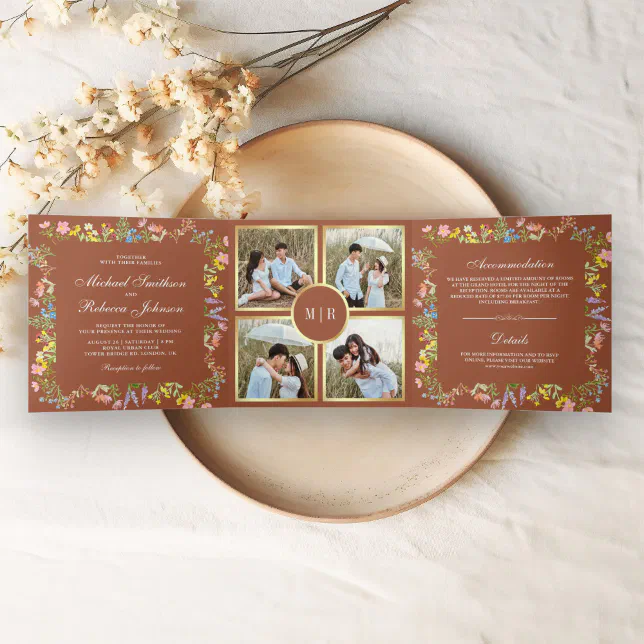 Rustic Wildflower Photo Collage Terracotta Wedding Tri-Fold Invitation ...