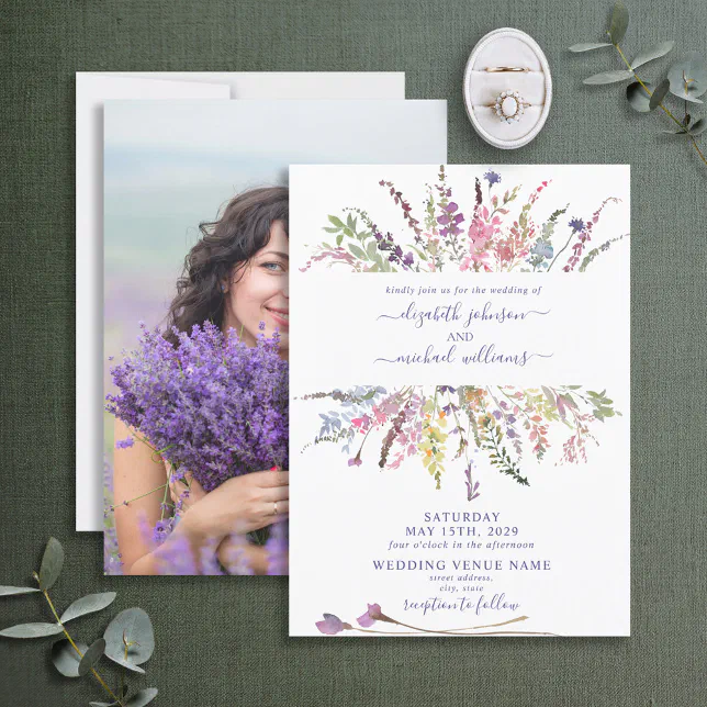 Rustic Wildflower Watercolor Floral Photo Wedding Invitation | Zazzle