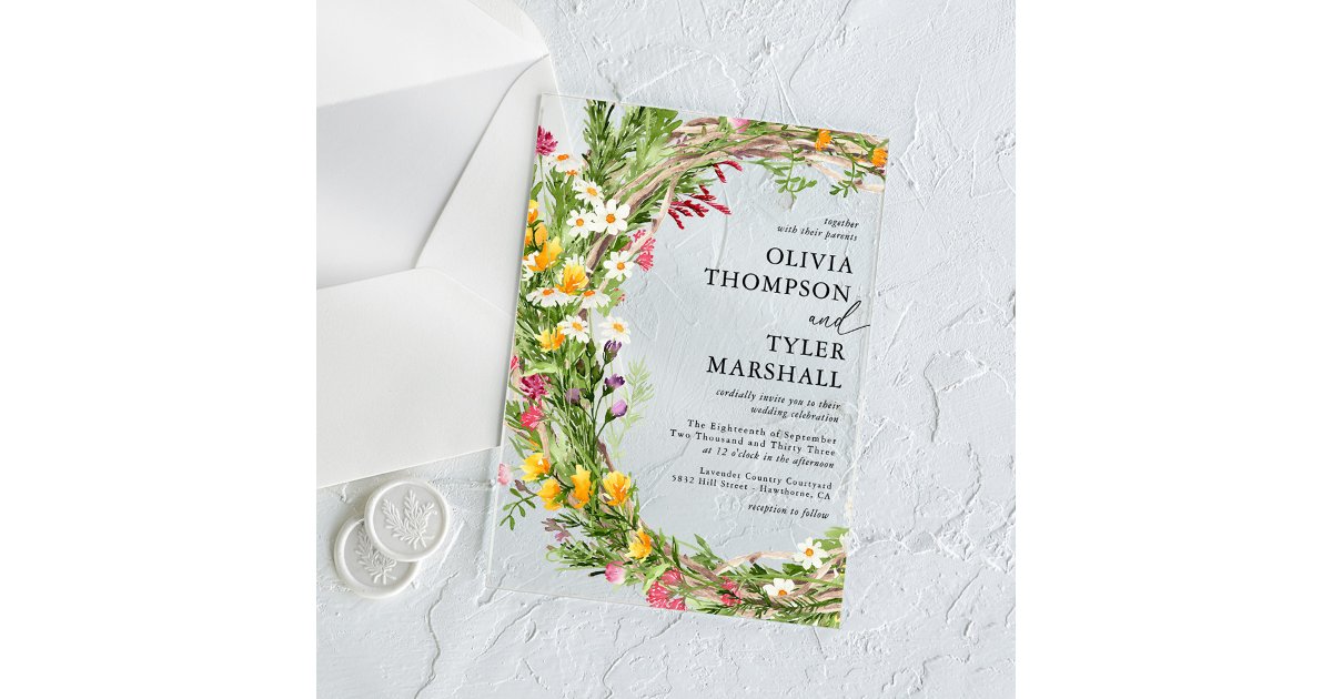 Rustic Wildflowers Bohemian Wedding Acrylic Invitations | Zazzle
