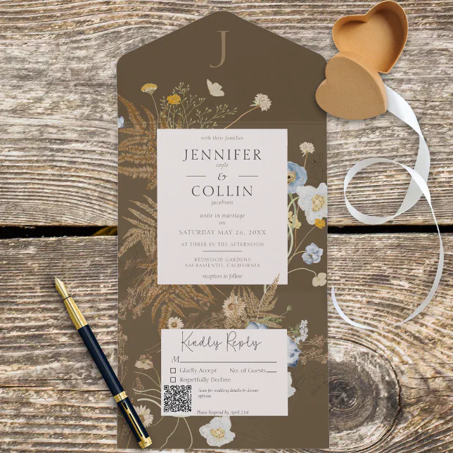 Rustic Wildflowers Monogram Brown QR Code All In One Invitation | Zazzle