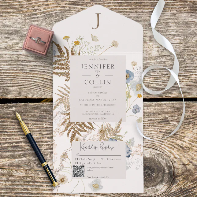 Rustic Wildflowers Monogram on Cream QR Code All In One Invitation | Zazzle