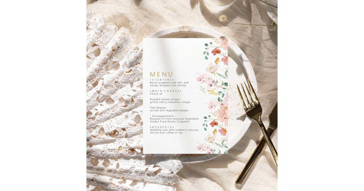 Rustic Wildflowers Wedding Menu | Zazzle