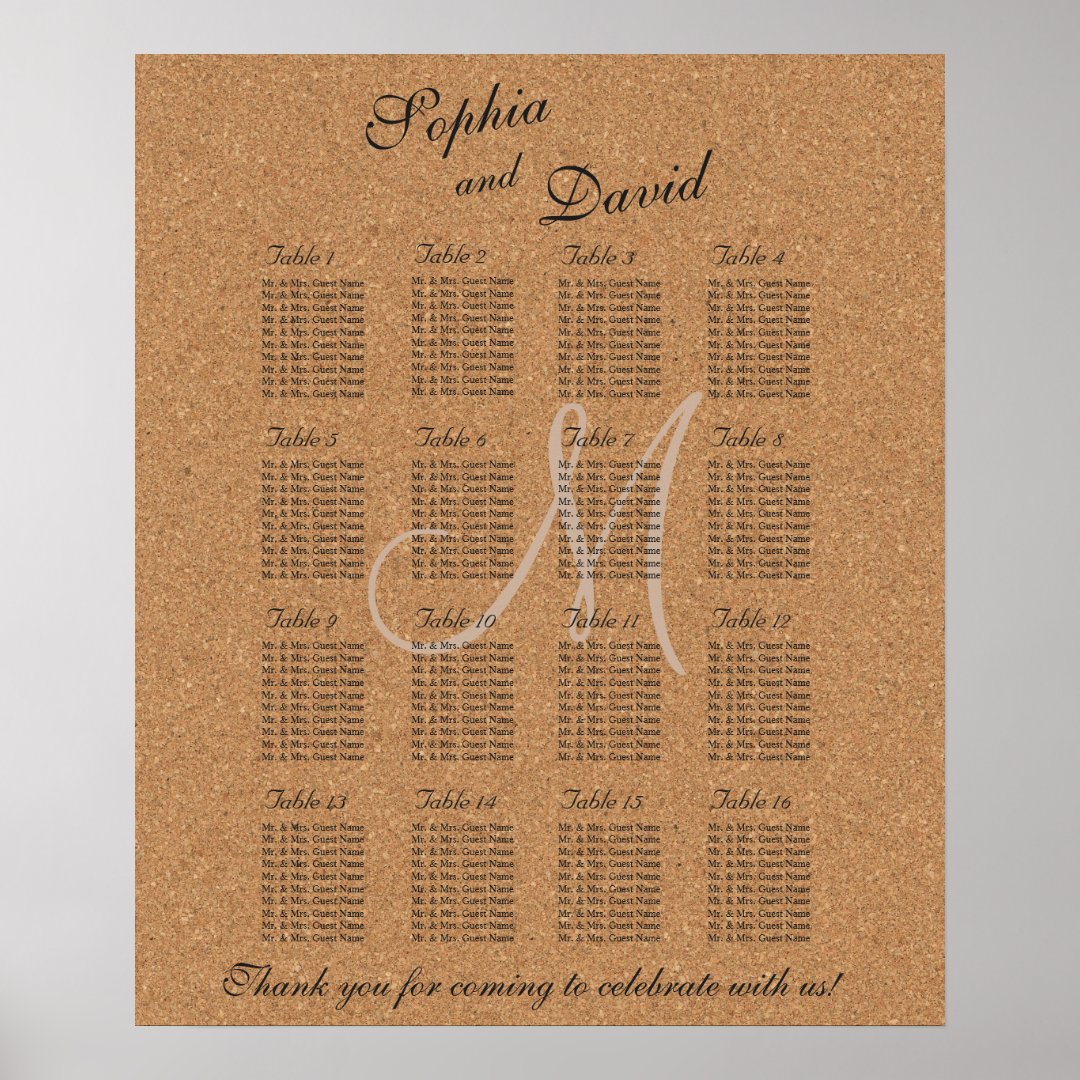 Rustic Wine Cork Wedding Monogram Seating Chart 16 | Zazzle