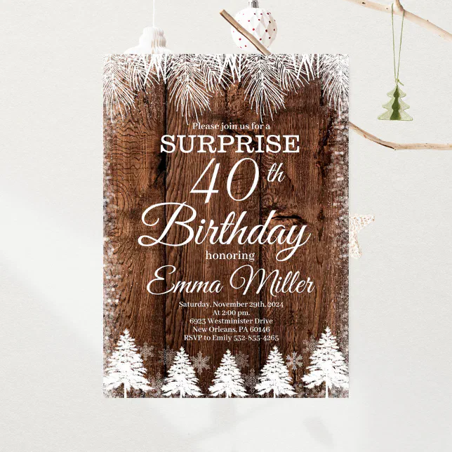 Rustic Winter 40th Birthday Party Invitation | Zazzle