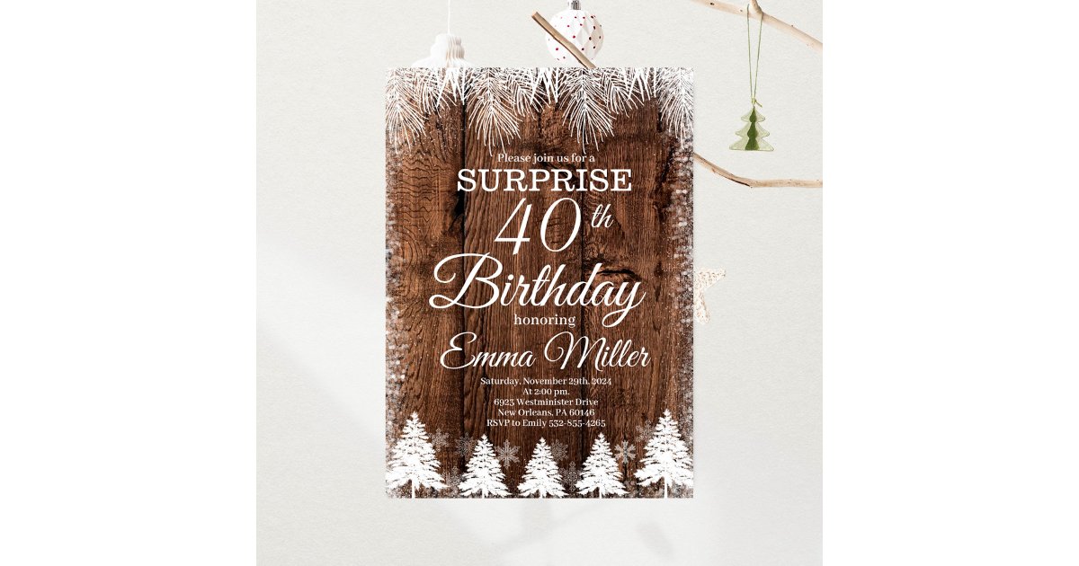 Rustic Winter 40th Birthday Party Invitation | Zazzle