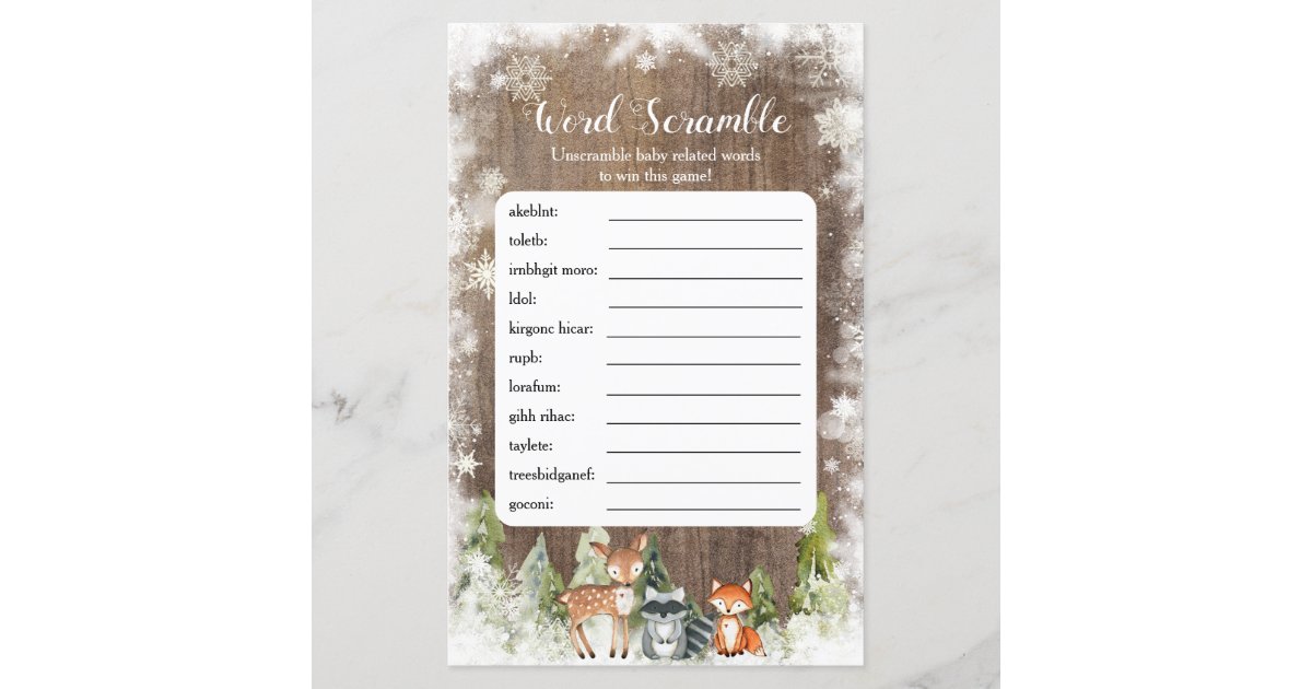 Rustic Winter Animals Woodland Baby Word Scramble | Zazzle