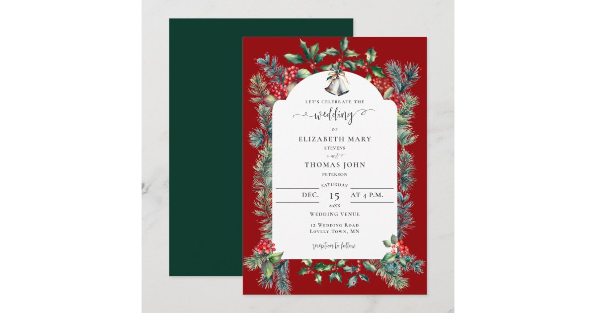 Rustic Winter Berries Frame Green Red Wedding Invitation | Zazzle