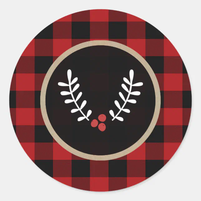 Rustic Winter Berries Holiday Red Buffalo Plaid Classic Round Sticker ...