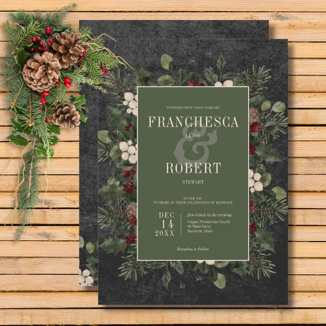 Rustic Winter Berries & Pine Black Wedding Invitation | Zazzle