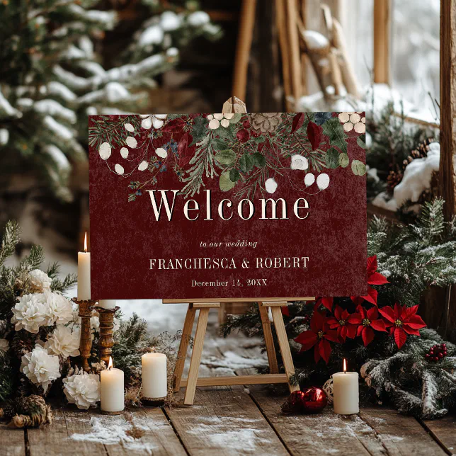 Rustic Winter Berries & Pine Burgundy Welcome Foam Board | Zazzle