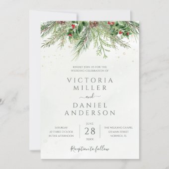 Rustic Winter Berries Pine Cone Greenery Wedding Invitation | Zazzle