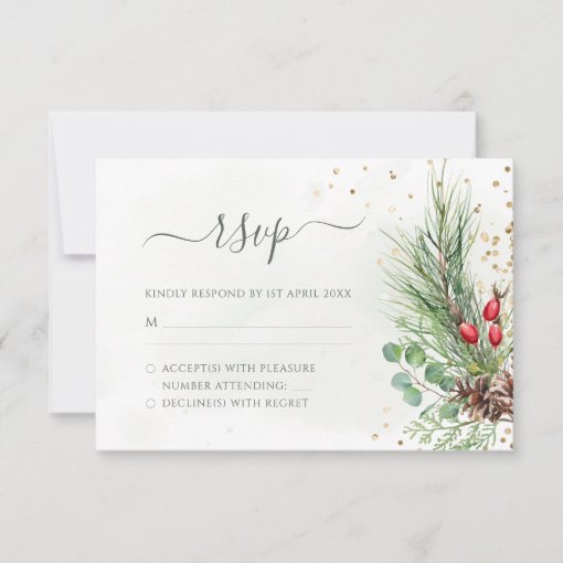 Rustic Winter Berries Pine Cone Greenery Wedding RSVP Card | Zazzle