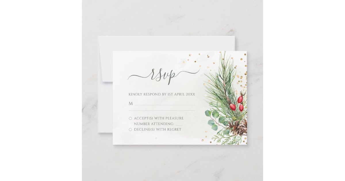 Rustic Winter Berries Pine Cone Greenery Wedding RSVP Card | Zazzle