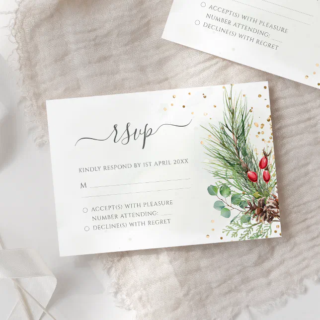 Rustic Winter Berries Pine Cone Greenery Wedding RSVP Card | Zazzle