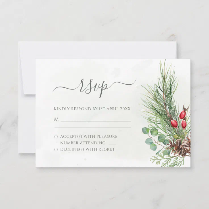 Rustic Winter Berries Pine Cone Greenery Wedding RSVP Card | Zazzle