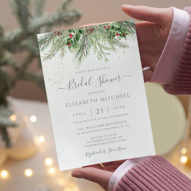 Rustic Winter Berries Pine Greenery Bridal Shower Invitation | Zazzle