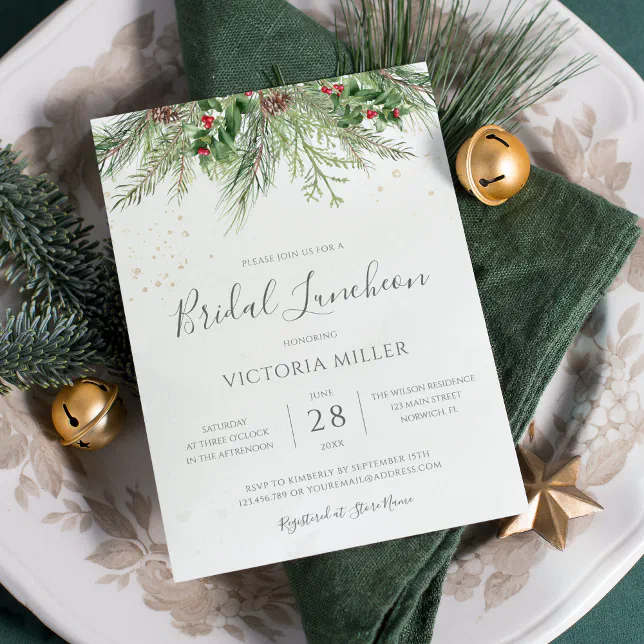 Rustic Winter Berry Pine Greenery Bridal Luncheon Invitation | Zazzle