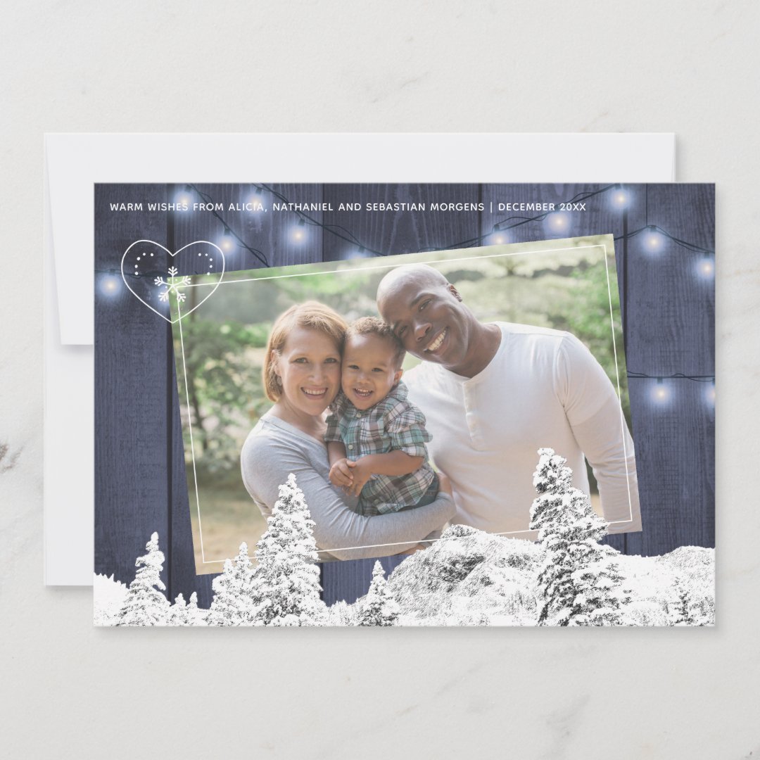 Rustic winter blue barn wood twinkle lights photo holiday card | Zazzle