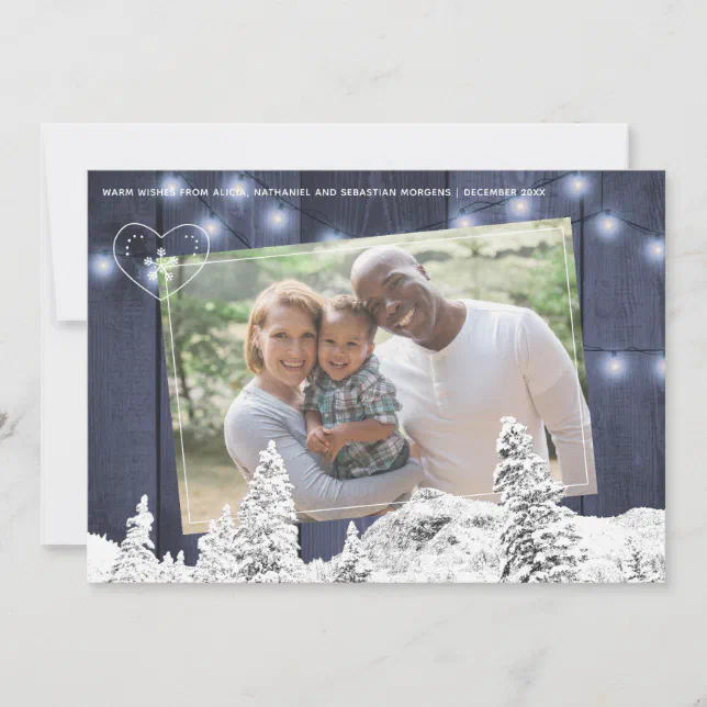 Rustic winter blue barn wood twinkle lights photo holiday card | Zazzle