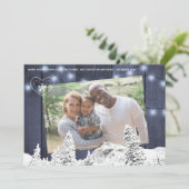 Rustic winter blue barn wood twinkle lights photo holiday card | Zazzle