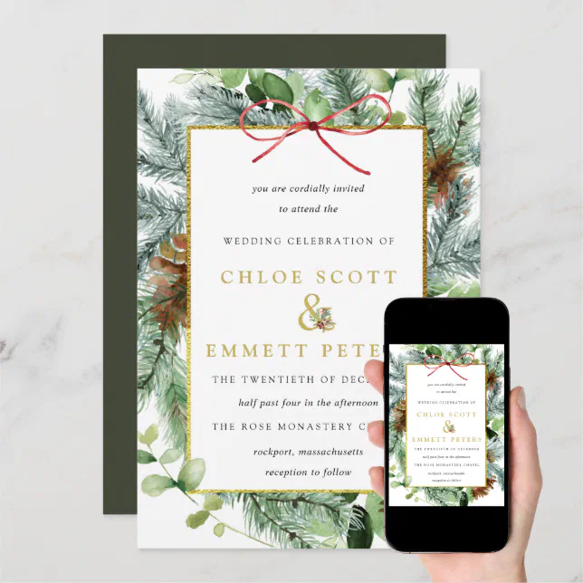 Rustic Winter Botanical Pine Wedding Invitation | Zazzle