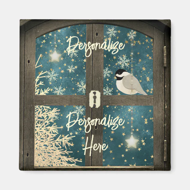 Rustic winter cabin window stars snowflake bird magnet | Zazzle