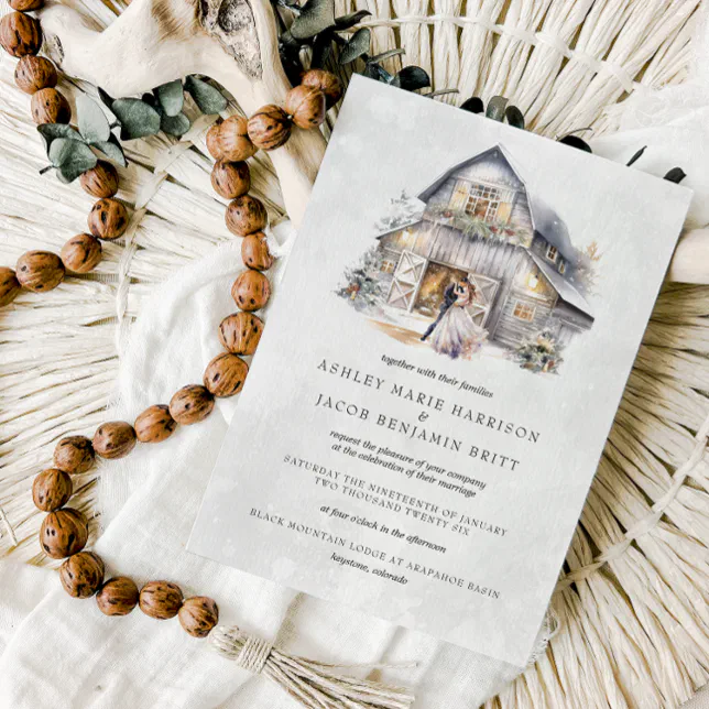 Rustic Winter Christmas Barn Wedding Invitation | Zazzle