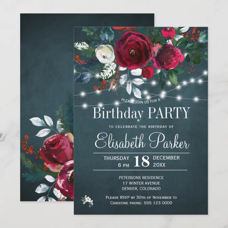 Rustic winter elegant red peonies birthday party invitation | Zazzle