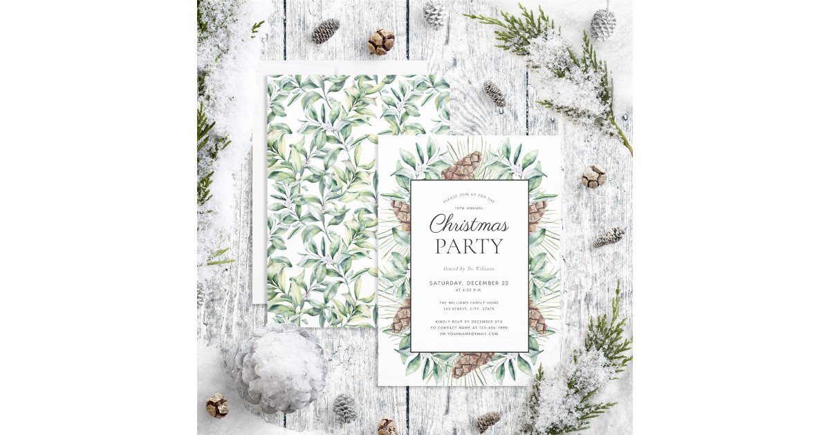 Rustic Winter Fir Cone Holiday Party Invitation | Zazzle