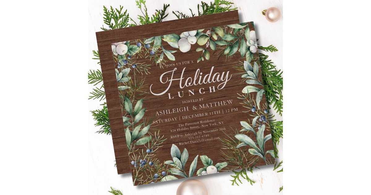 Rustic Winter Floral Christmas Holiday Lunch Invitation | Zazzle