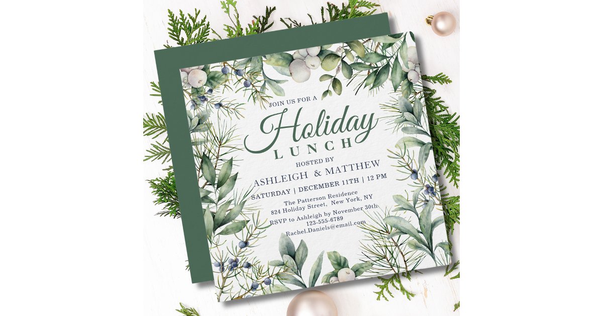 Rustic Winter Floral Christmas Holiday Lunch Invitation | Zazzle
