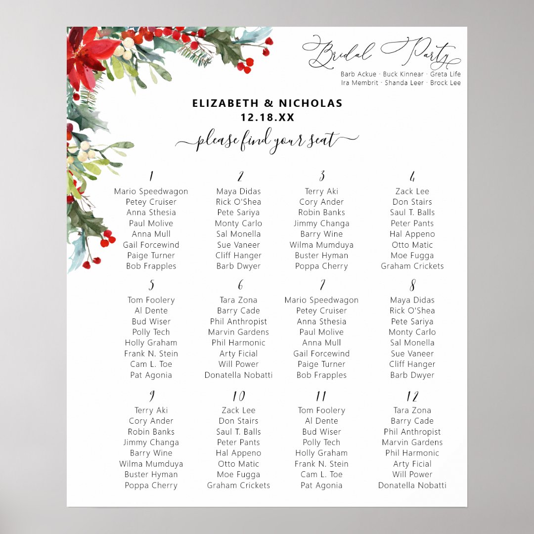Rustic Winter Floral | Wedding Table Seating Poster | Zazzle