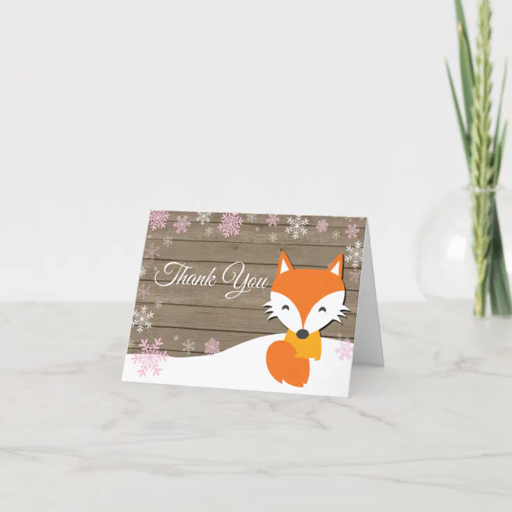 Rustic Winter Fox Snowflake Pink Thank You Card | Zazzle